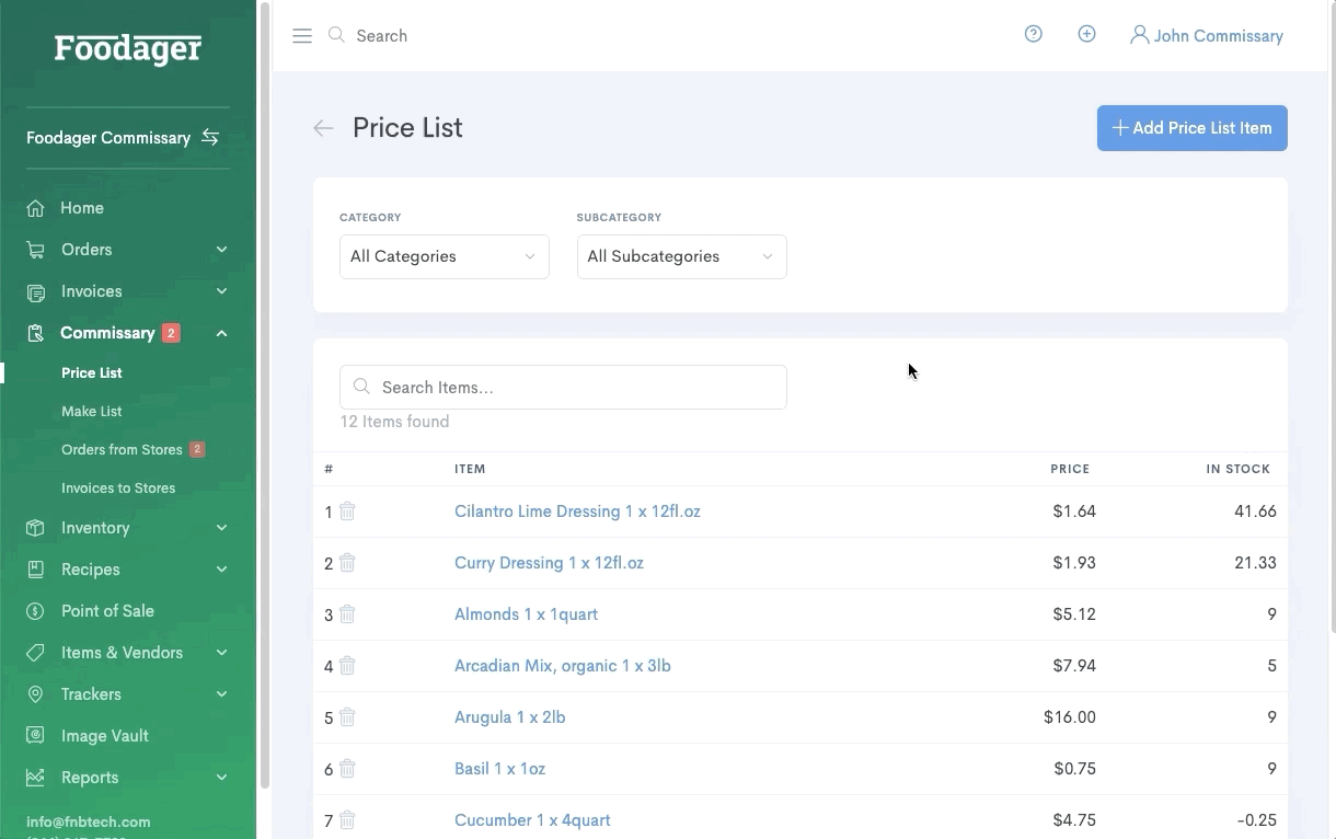 ADDING ITEMS/BATCHES TO THE COMMISSARY PRICE LIST
