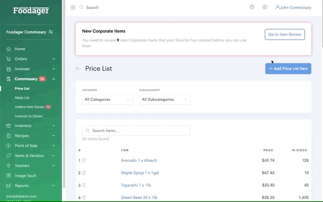 ADDING ITEMS/BATCHES TO THE COMMISSARY PRICE LIST