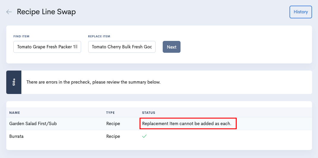 RECIPE LINE SWAP